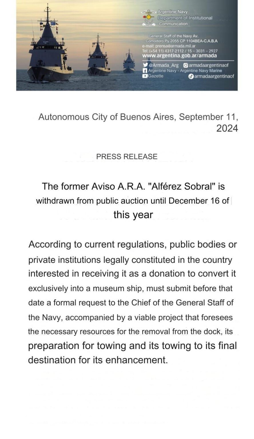 Argentina Offers ARA Alferez Sobral for Museum Usage – SeaWaves Magazine
